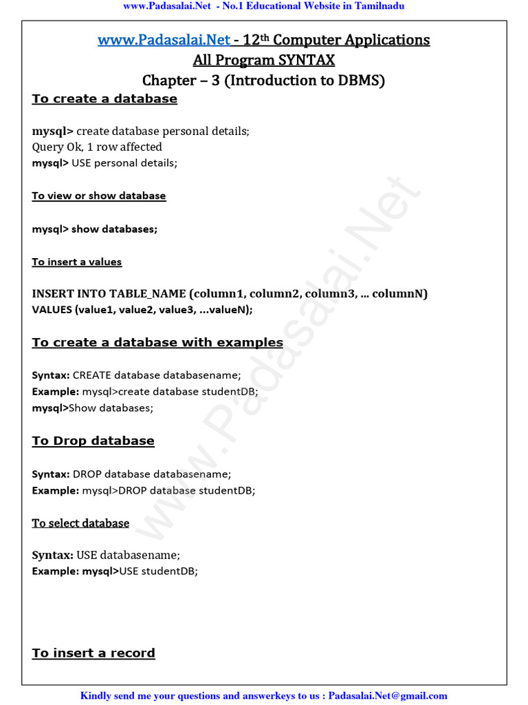 12th Computer Applications EM Syntax Study Materials English Medium PDF Download | PDF