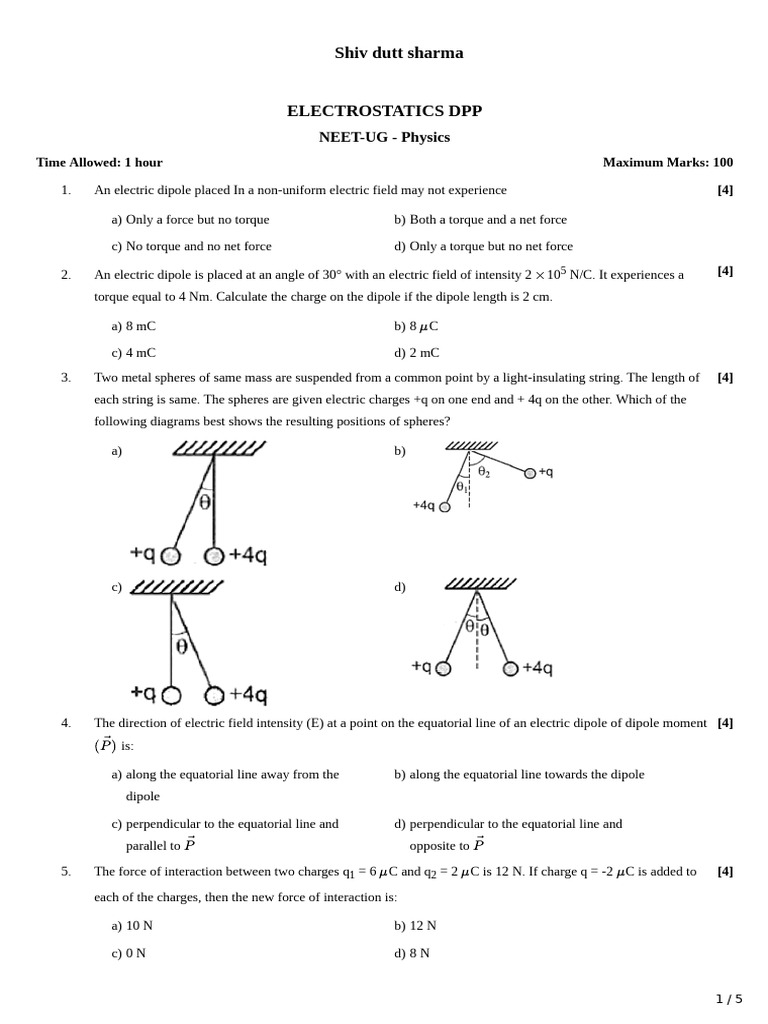 Electrostatics DPP - 230503 - 234530 | PDF | Force | Dipole