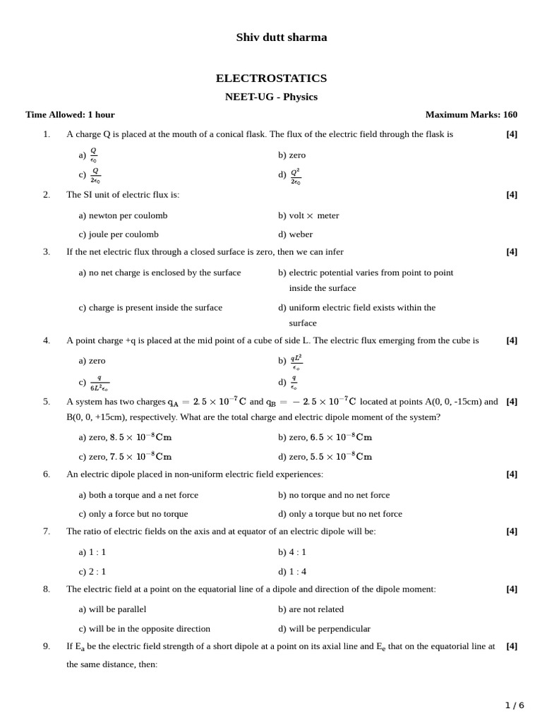 NEET-UG Electrostatics Quiz | PDF
