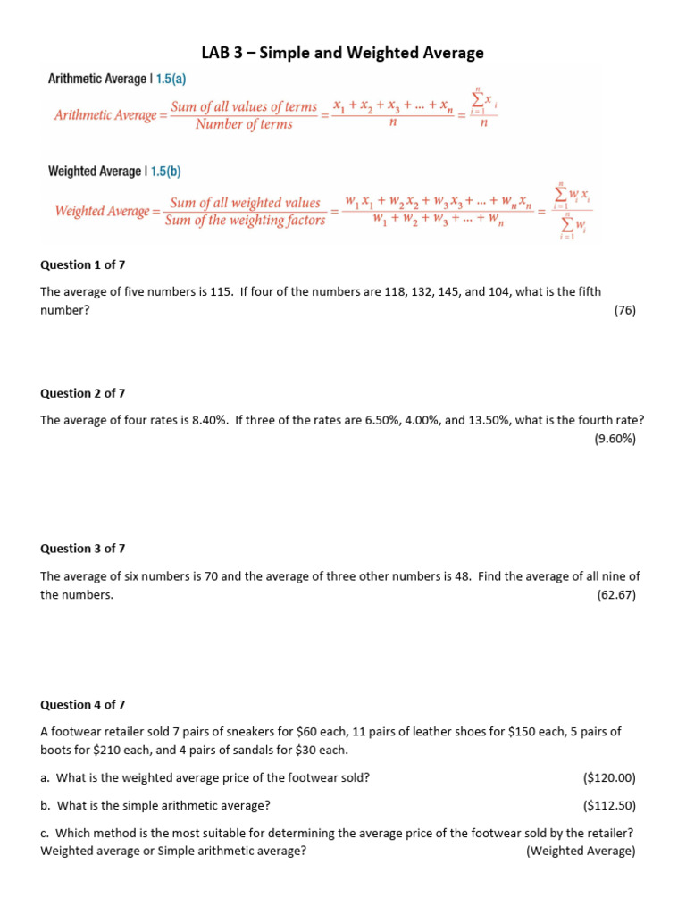 Simple and Weighted Average Calculations | PDF | Average | Sneakers