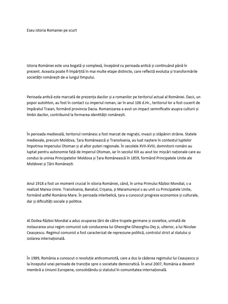 Eseu Istoria Romaniei Pe Scurt | PDF