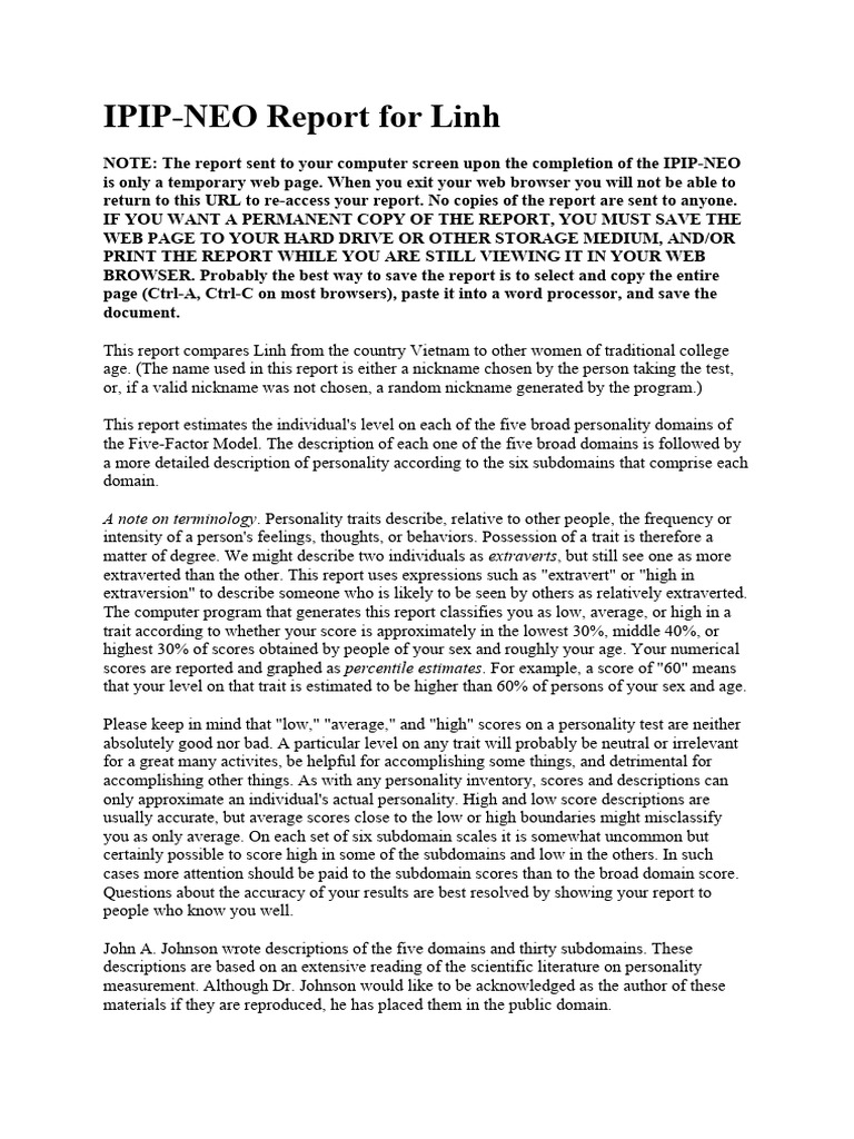 Ipip Neo Report Pdf Extraversion And Introversion Anxiety