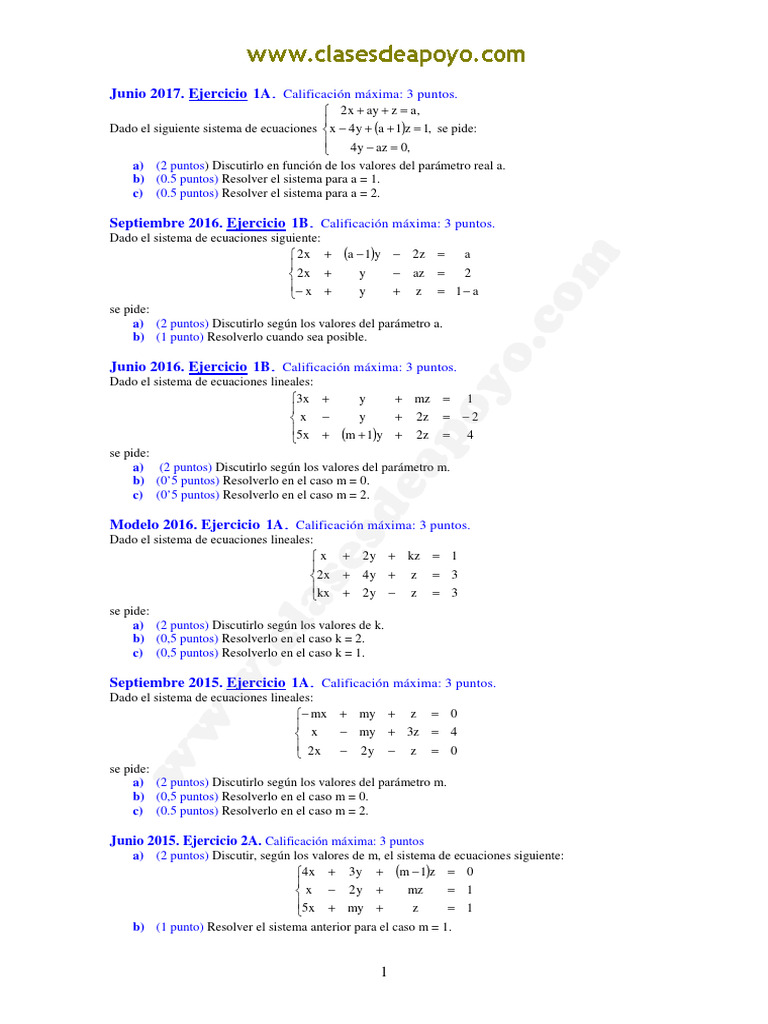 Ejercicios Sistemas Matrices Selectividad | PDF