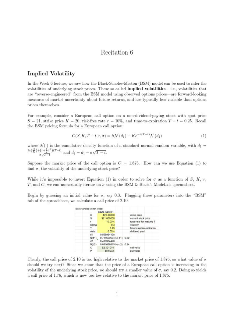 Recitation 6: Implied Volatility | PDF