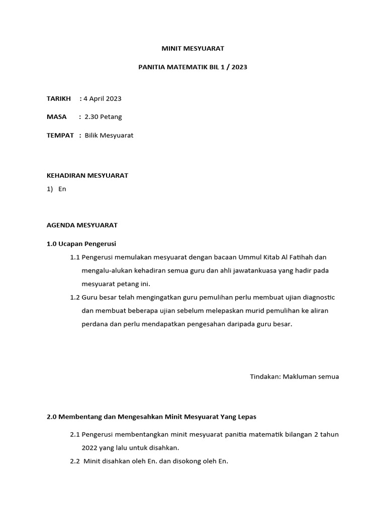 Minit Mesyuarat Panitia Math Kali Pertama 2023 | PDF