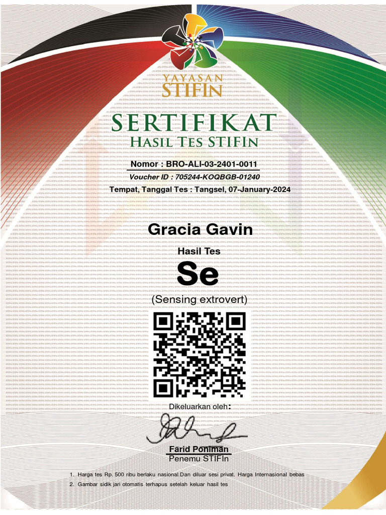 Sertifikat STIFIn Sensing Extrovert Se GRACIA | PDF
