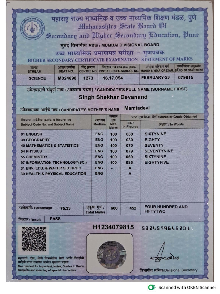 12th Marksheet | PDF