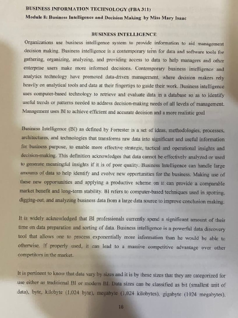 FBA 311 - Business Intelligence & Decision Making Handout (Mary Isaac ...