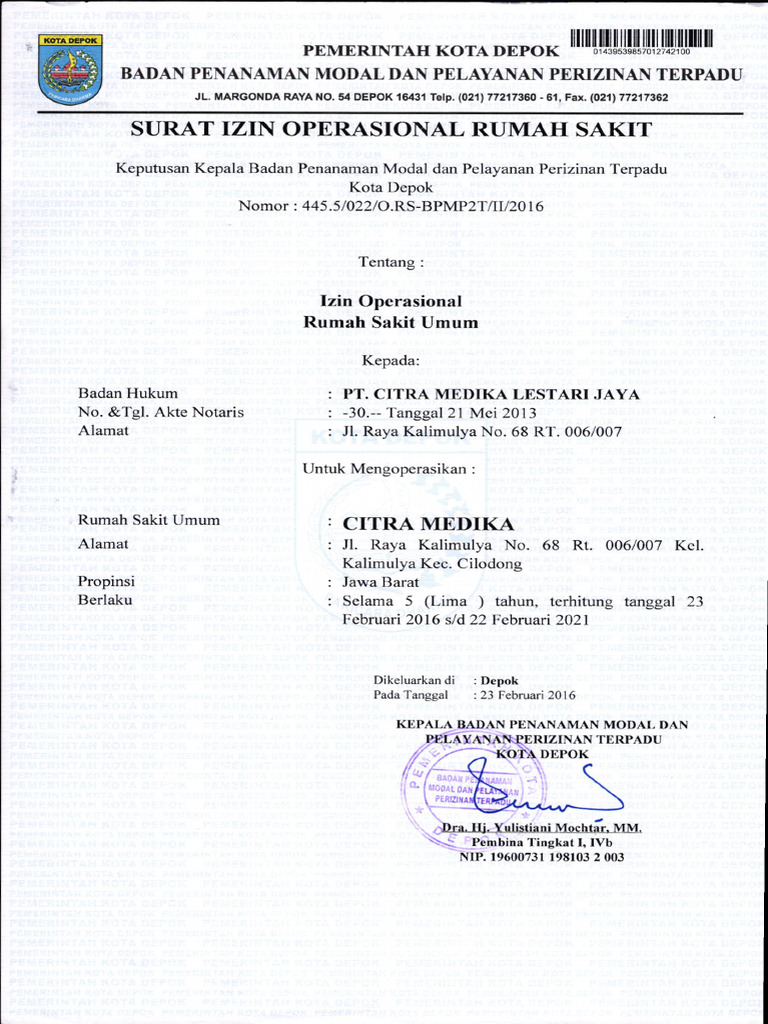 Surat Izin Operasional Hal 1 | PDF