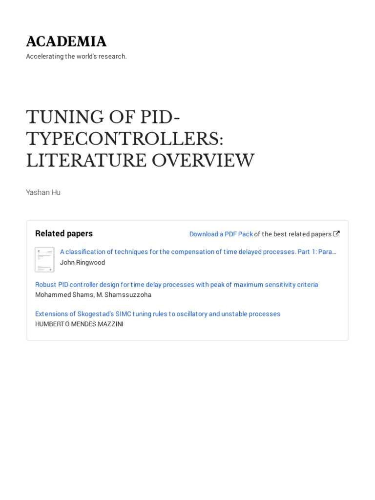 2004 - Hu, Y. - Tuning of PID - Typecontrollers (Literature Overview) | PDF