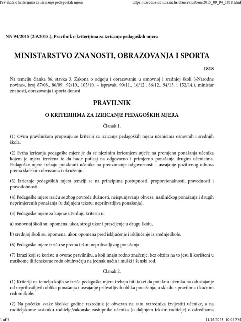 Pravilnik o Kriterijima Za Izricanje Pedagoških Mjera | PDF