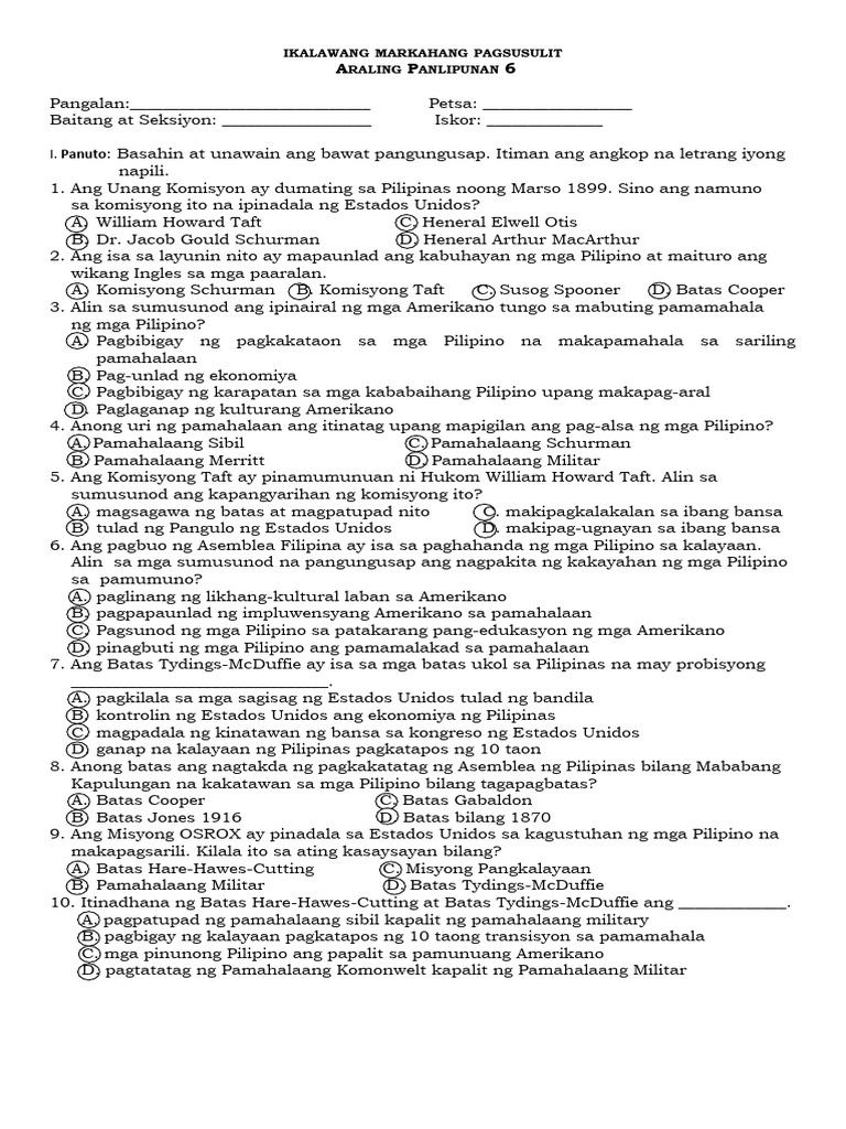 I. Panuto: Ikalawang Markahang Pagsusulit Raling Anlipunan | PDF