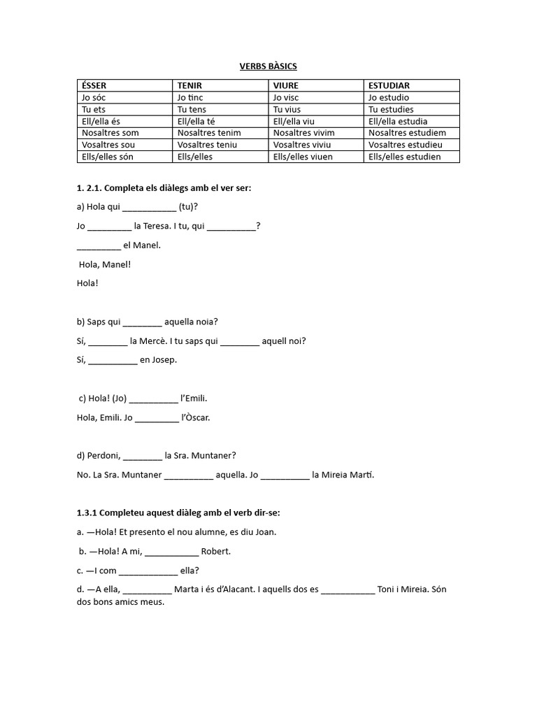 Verb Esser, Tenir, Viure, I Estudiar + Exercicis | PDF
