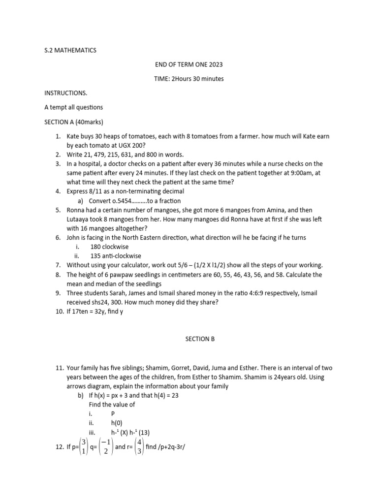 Senior Two Mathematics Exam 2023 | PDF