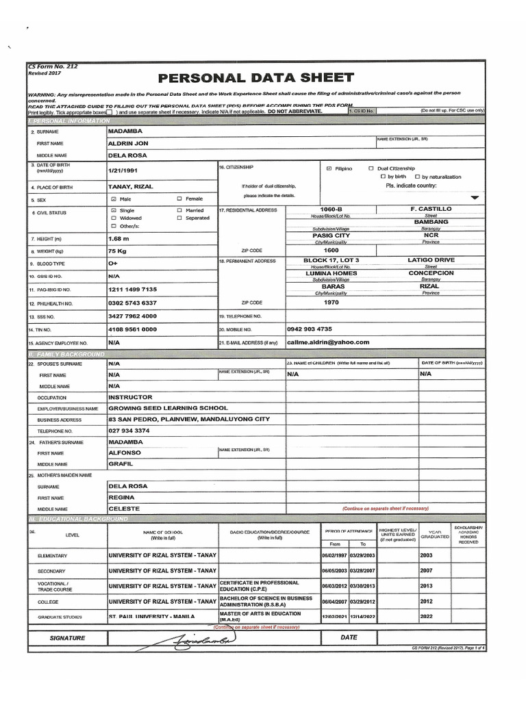 C PDS Madamba, Aldrin Jon R, Notarized PDS | PDF