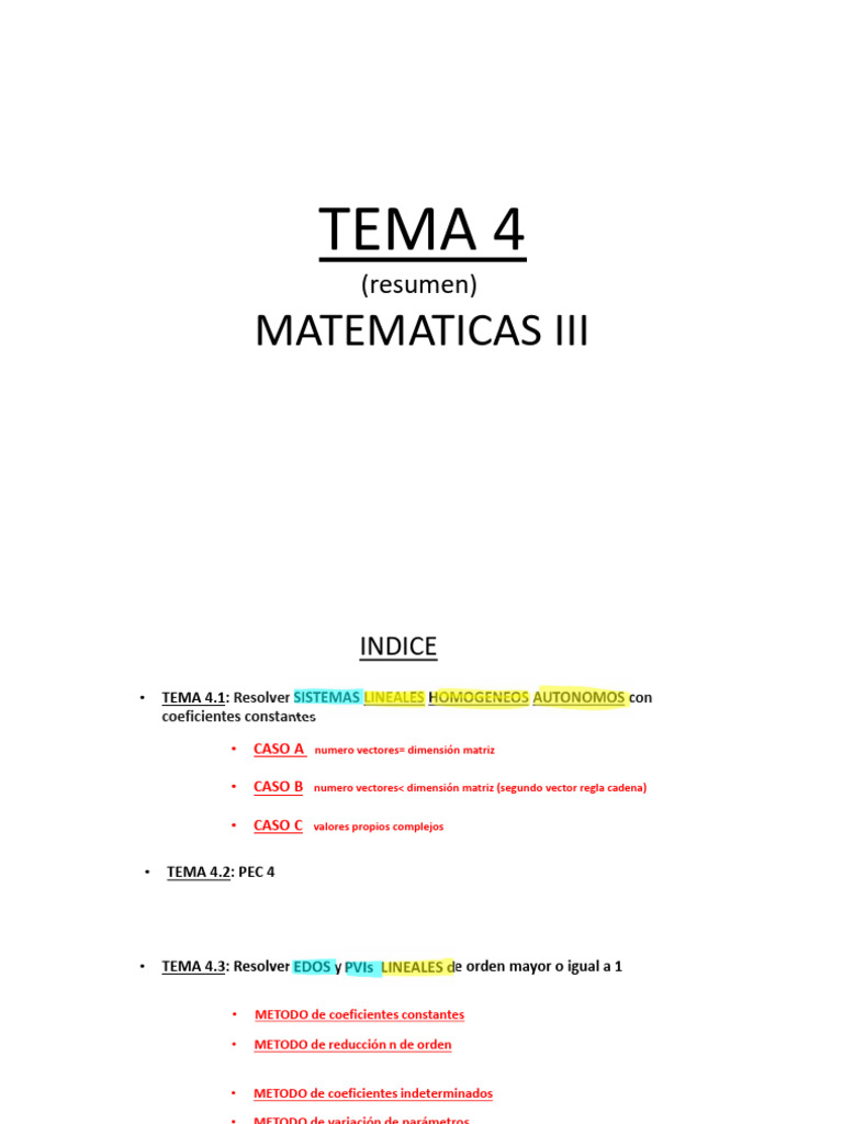Resumen Tema 4 | PDF | Ecuación diferencial ordinaria | Sistema de ecuaciones lineales