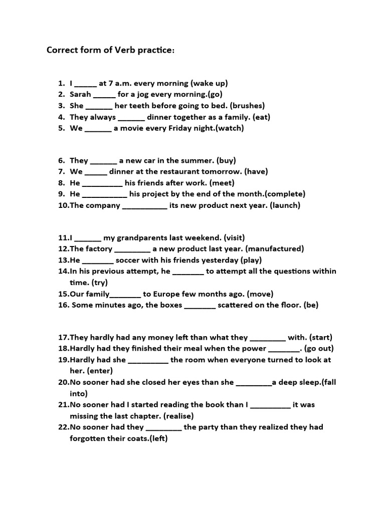 Verb Form Completion Exercise | PDF
