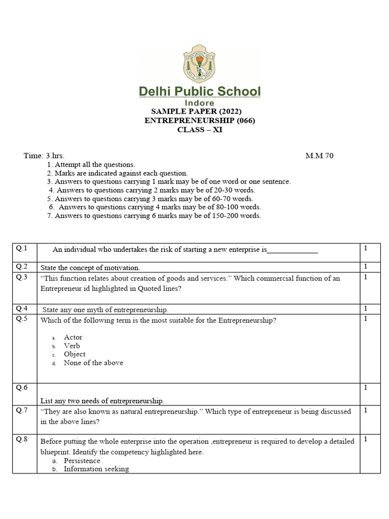 Sample Paper Xi Eship | PDF | Entrepreneurship | Social Entrepreneurship
