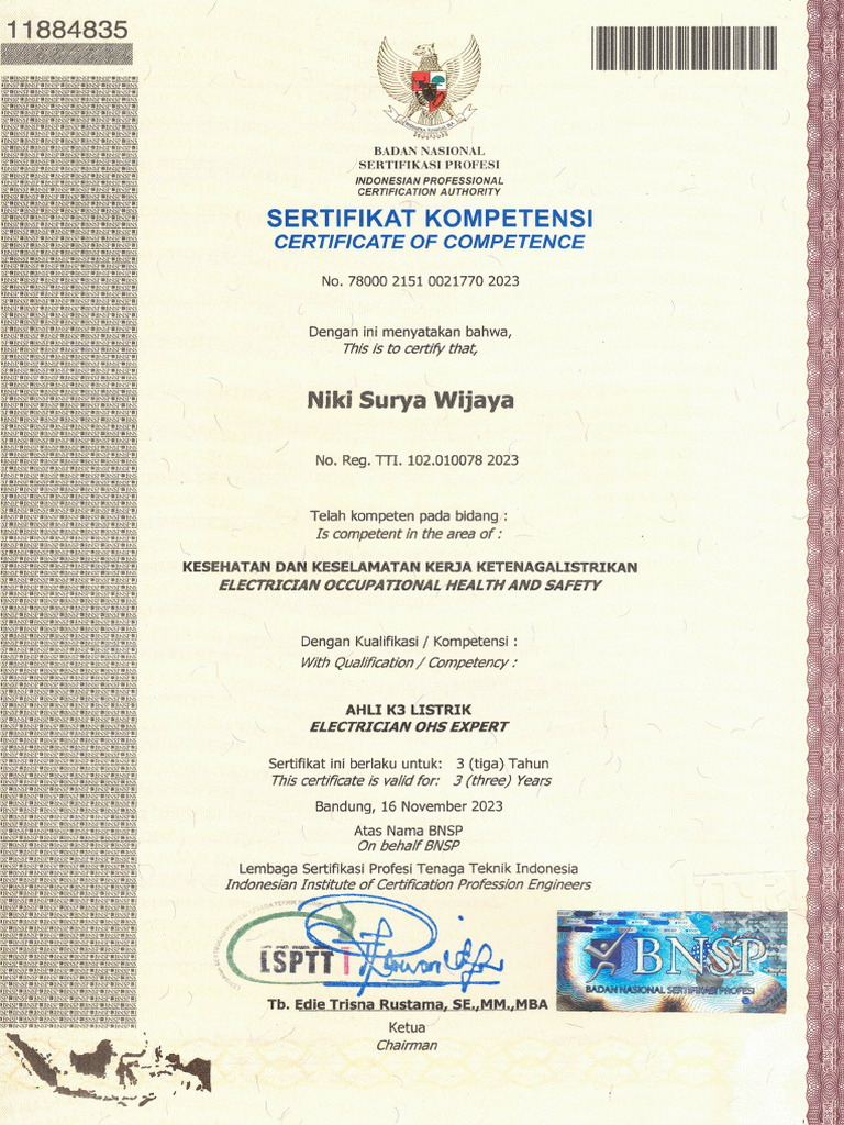 Ahli k3 Listrik - Niki Surya Wijaya | PDF