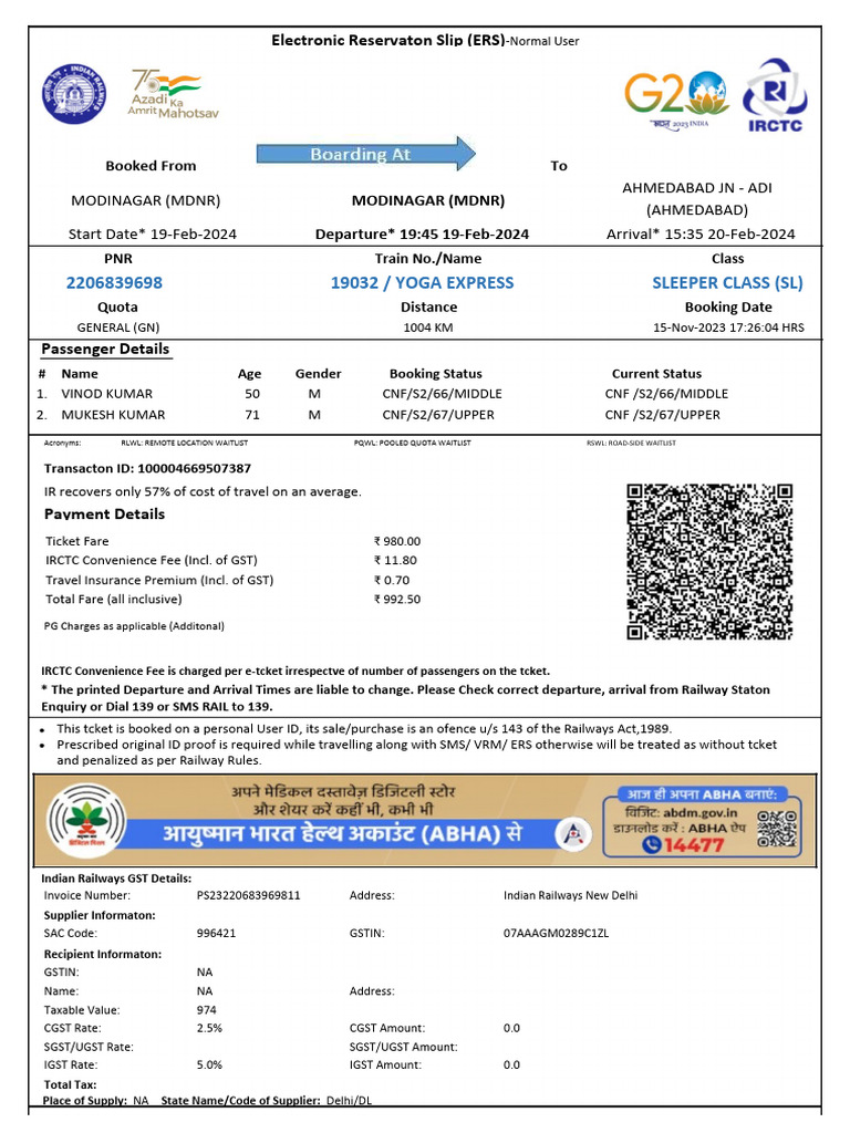 Yoga Express Sleeper Ticket Details | PDF