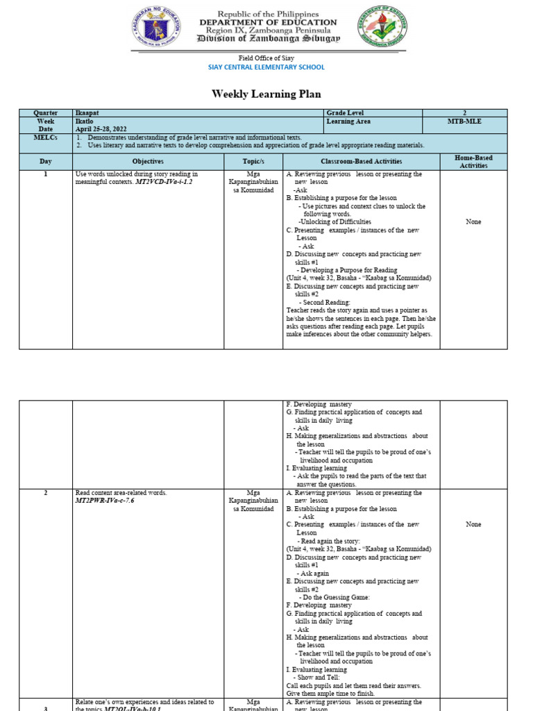 Weekly Learning Plan MTB Week 2 | PDF