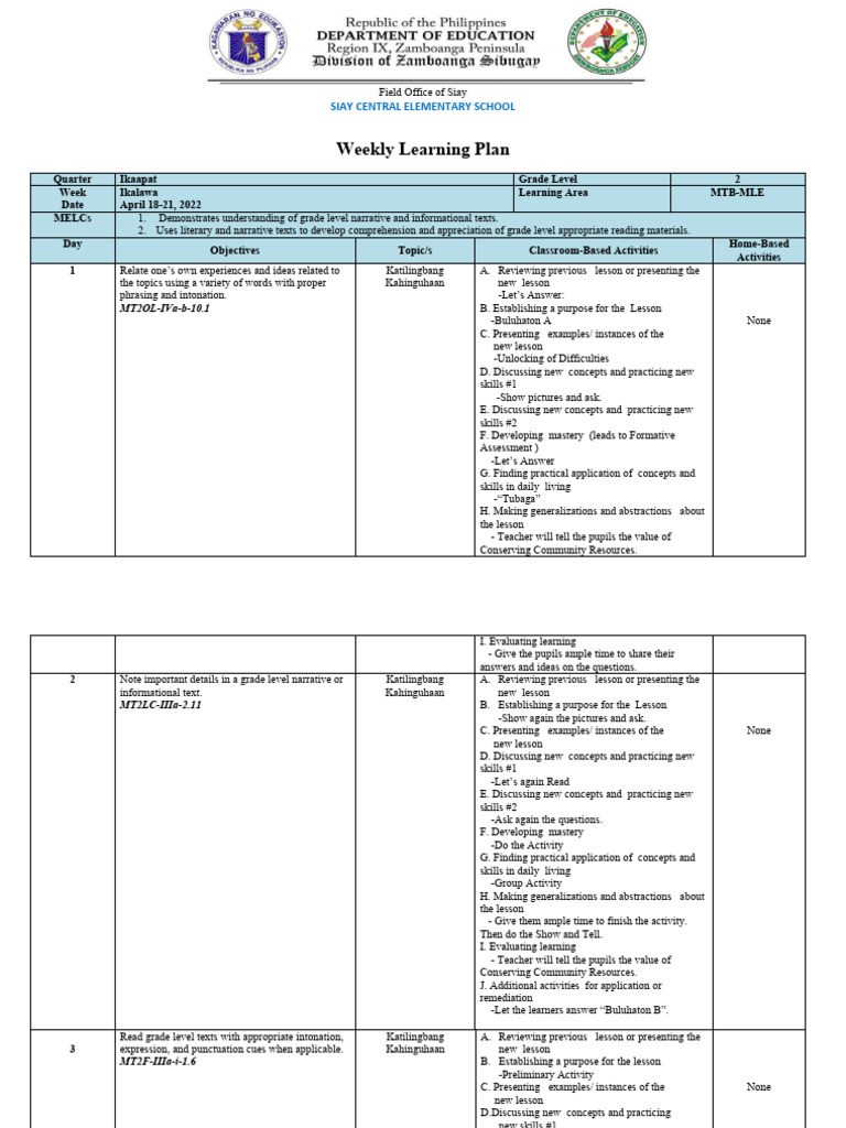 Weekly Learning Plan MTB Week 2. | PDF