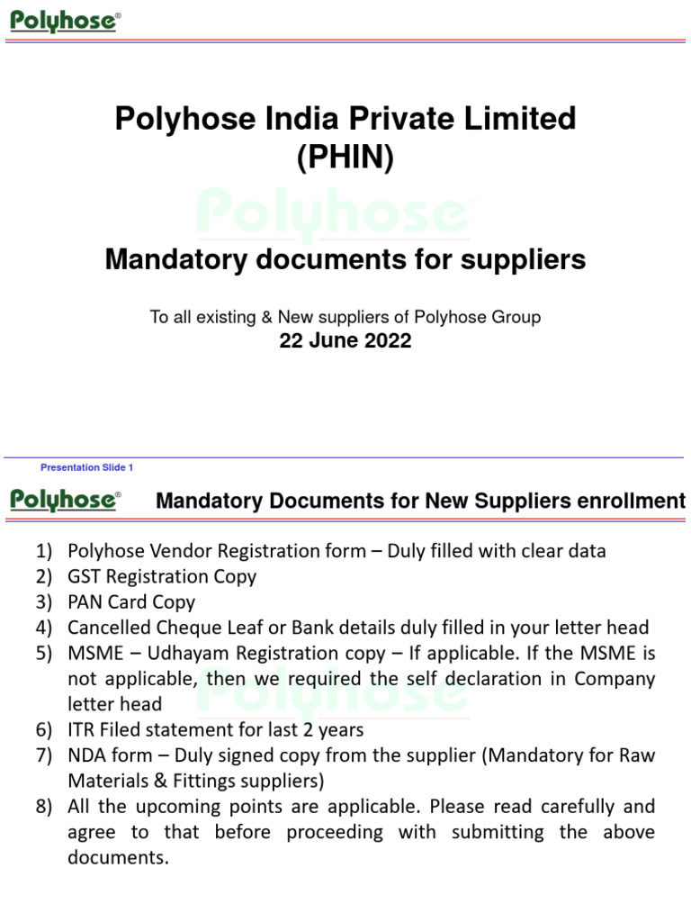Mandatory Documents For Supplier Creation | PDF