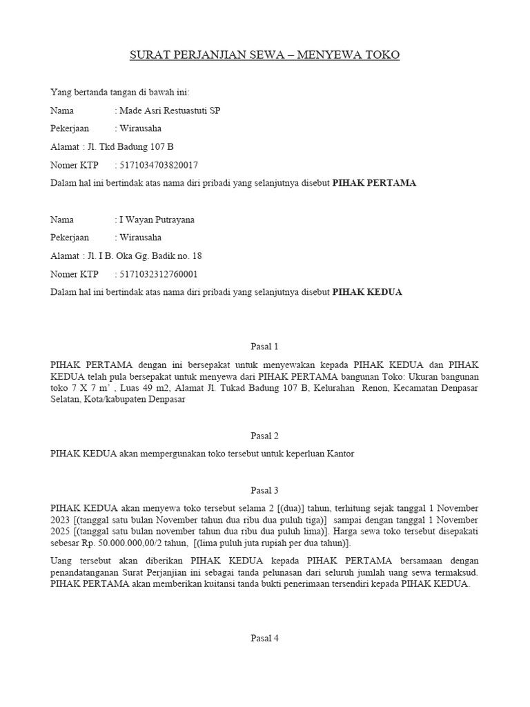 Surat Perjanjian Sewa | PDF