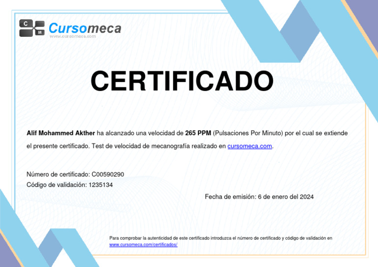 Alif Mohammed Akther-Certificado - Velocidad - Cursomeca | PDF