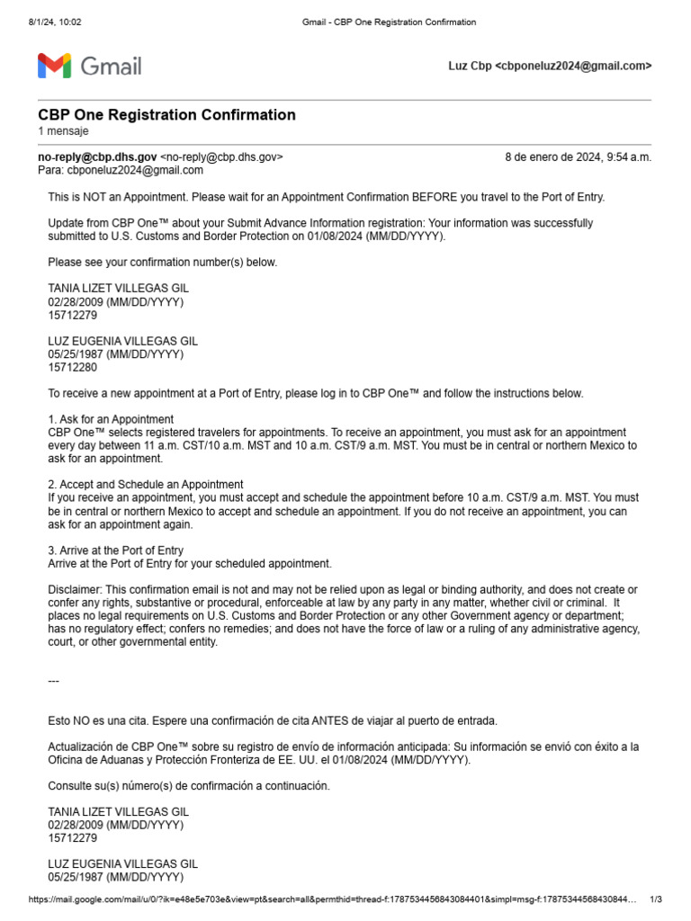 Gmail - CBP One Registration Confirmation LUZ | PDF | U.S. Customs And Border Protection ...