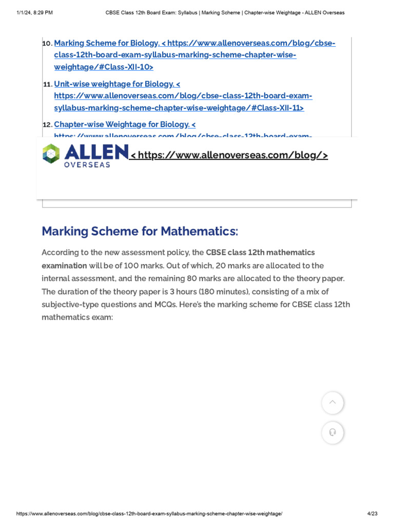 CBSE Class 12th Board Exam - Syllabus - Marking Scheme - Chapter-Wise ...