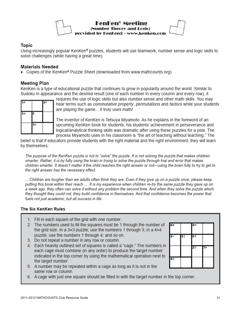 KenKen Lesson, Puzzles, & Answer Keys - 0 | PDF | Science | Games Of ...