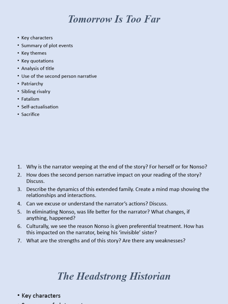 Tomorrow Is Too Far and The Headstrong Historian Questions | PDF ...