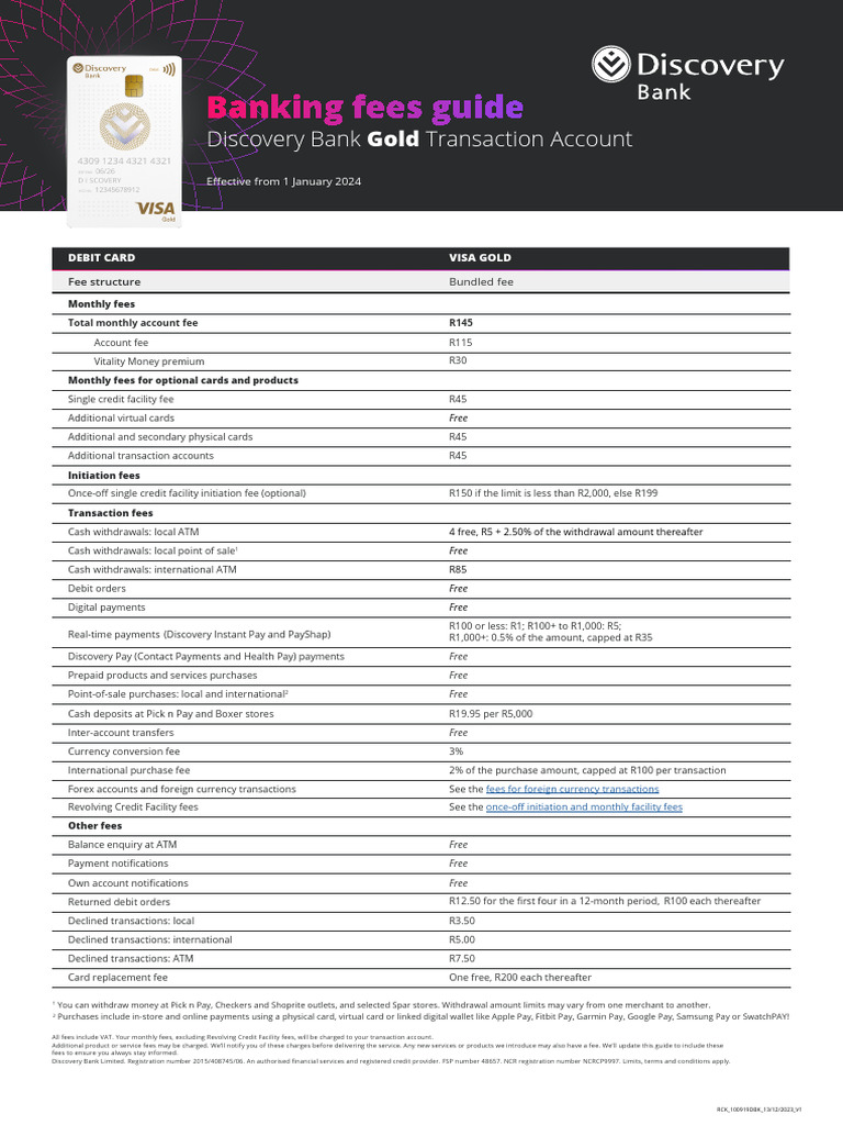 Discovery Bank Gold Transaction Bundled Fees | PDF
