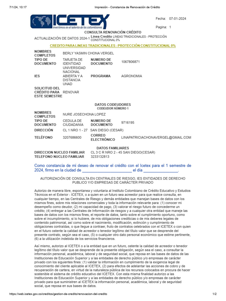 Renovar - ICETEX Berly Chona | PDF