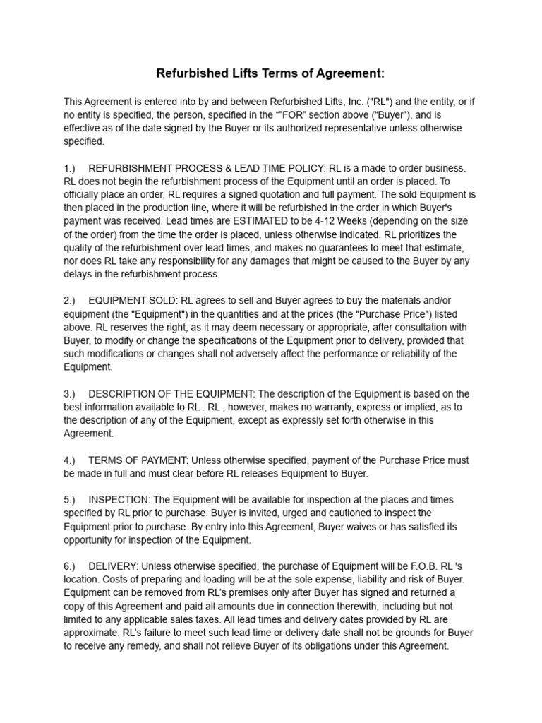 Refurbished Lifts Terms of Agreement | PDF