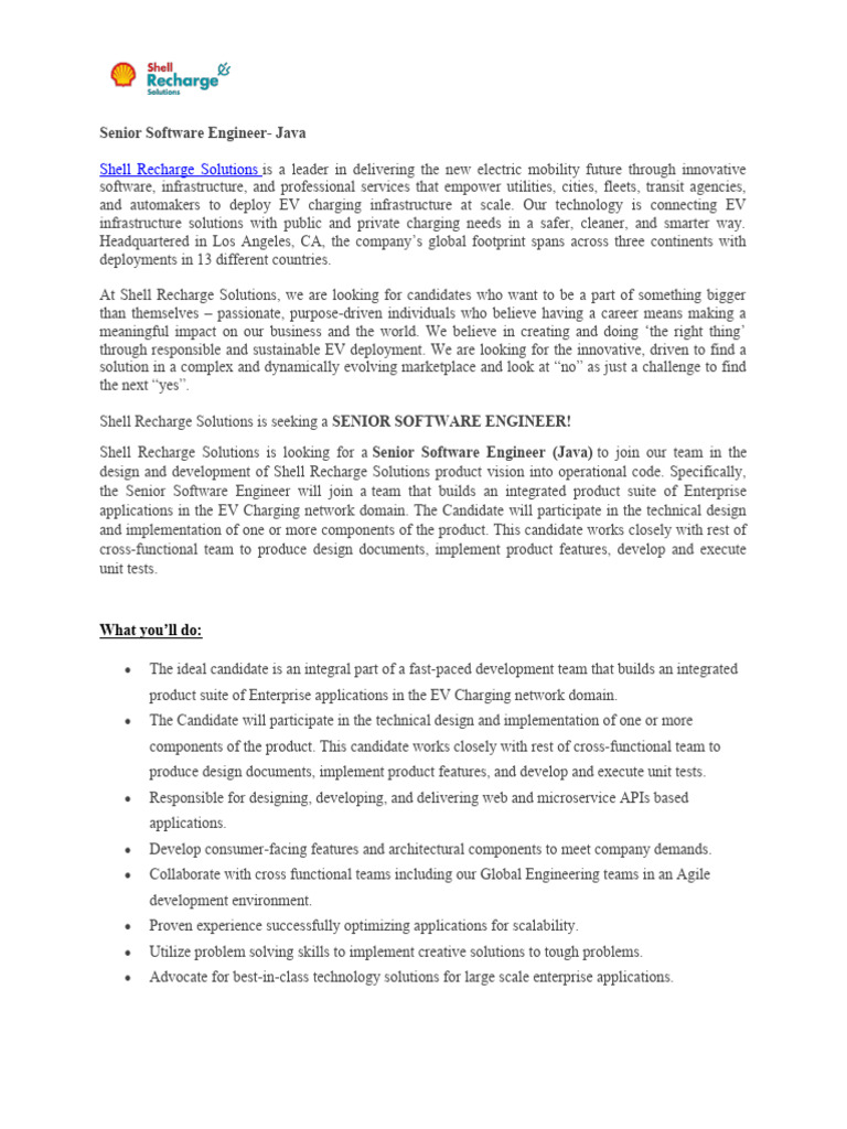 Shell Recharge Solutions Job Description - Senior Software Engineer (Java) | PDF