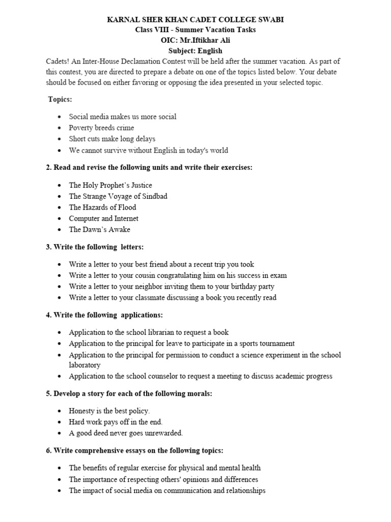 Summer Task English For Class 8th by Iftikhar SB | PDF