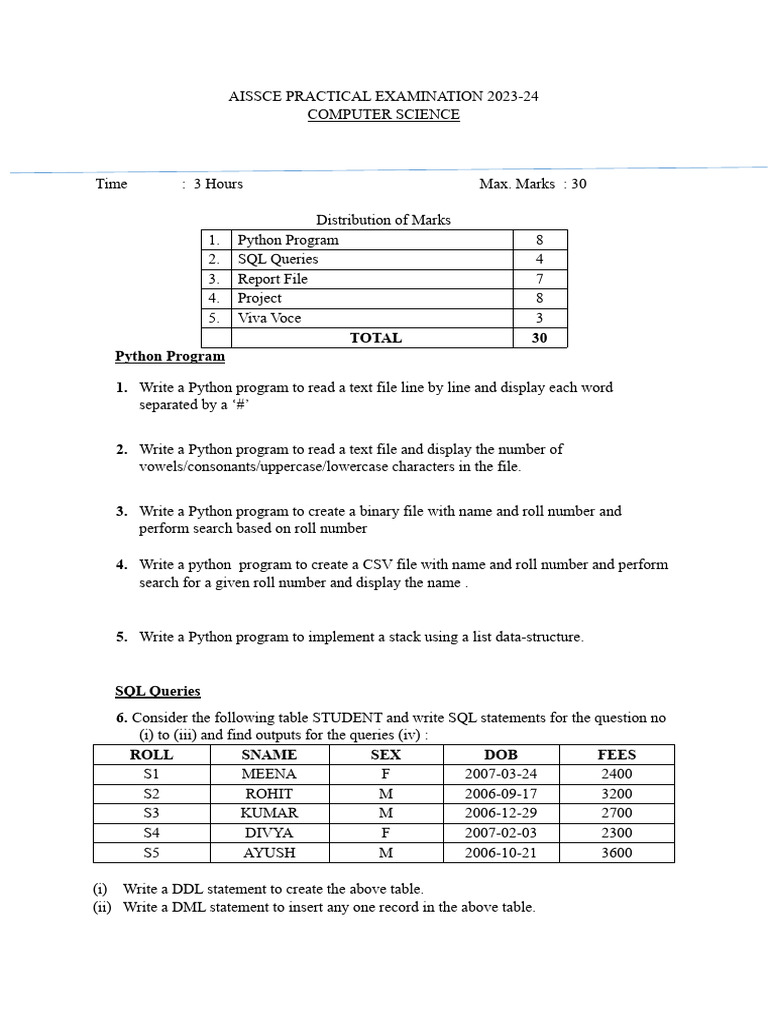 AISSCE2024 CS PRACTICAL Sample QP | PDF AISSCE2024 CS PRACTICAL Sample QP | PDF