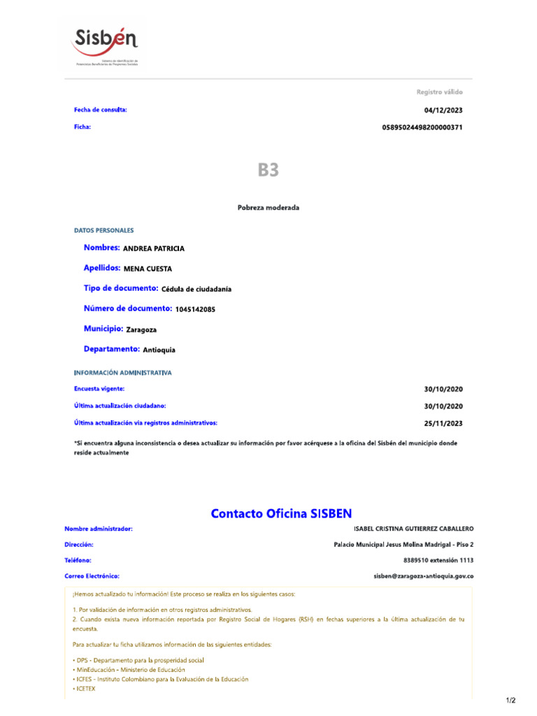 Sisben Andrea Mena | PDF