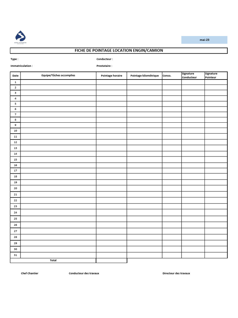 FICHE POINTAGE ENGIN - CAMION - VL Mai | PDF
