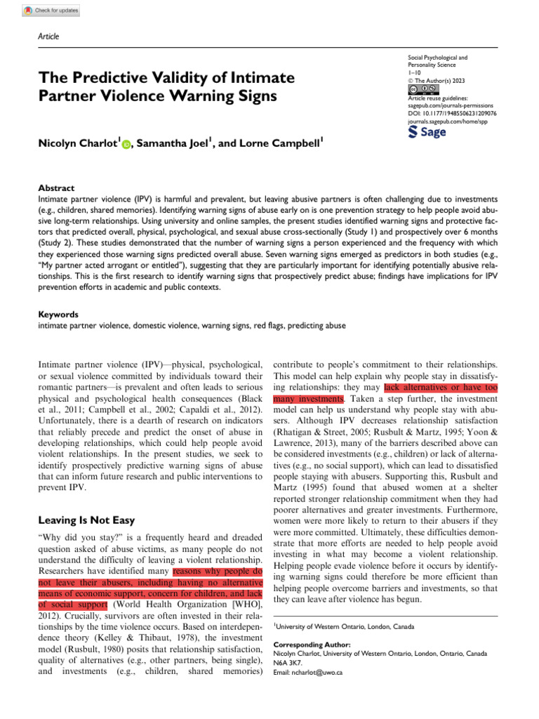 Charlot Et Al 2023 The Predictive Validity of Intimate Partner Violence Warning Signs | PDF ...