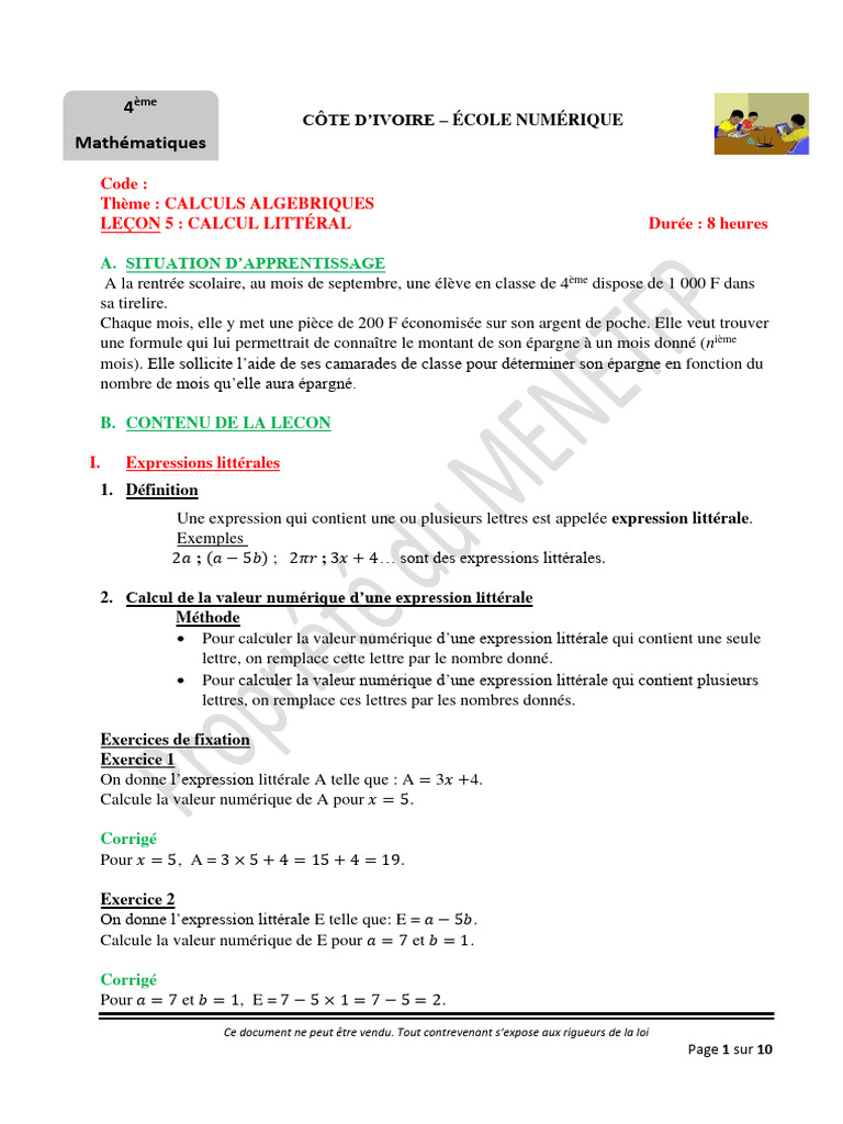 Cours de Calcul Littéral en 4ème | PDF