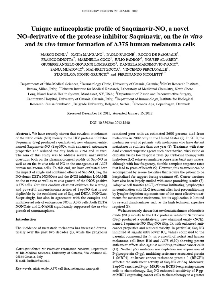 Unique Antineoplastic Profile of SaquinavirNO | PDF | Science & Mathematics