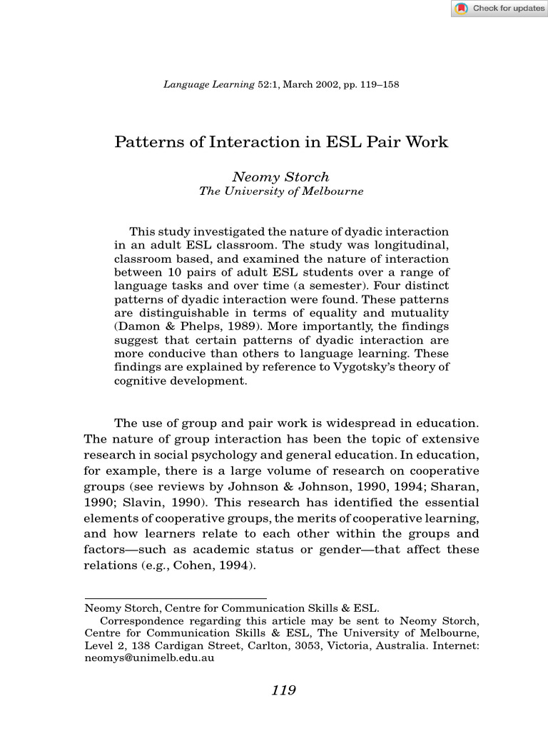Language Learning - 2008 - Storch - Patterns of Interaction in ESL Pair Work | PDF