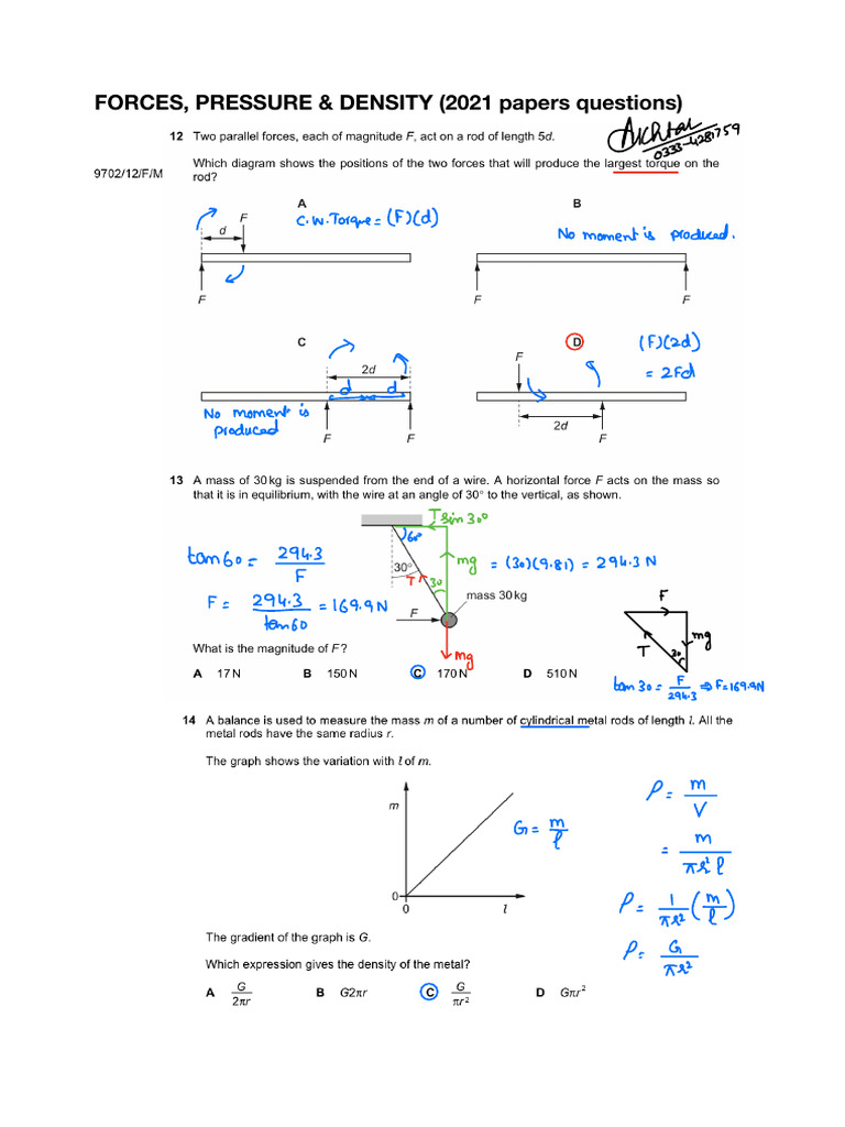 Forces, Density & Pressure (Solutions) | PDF