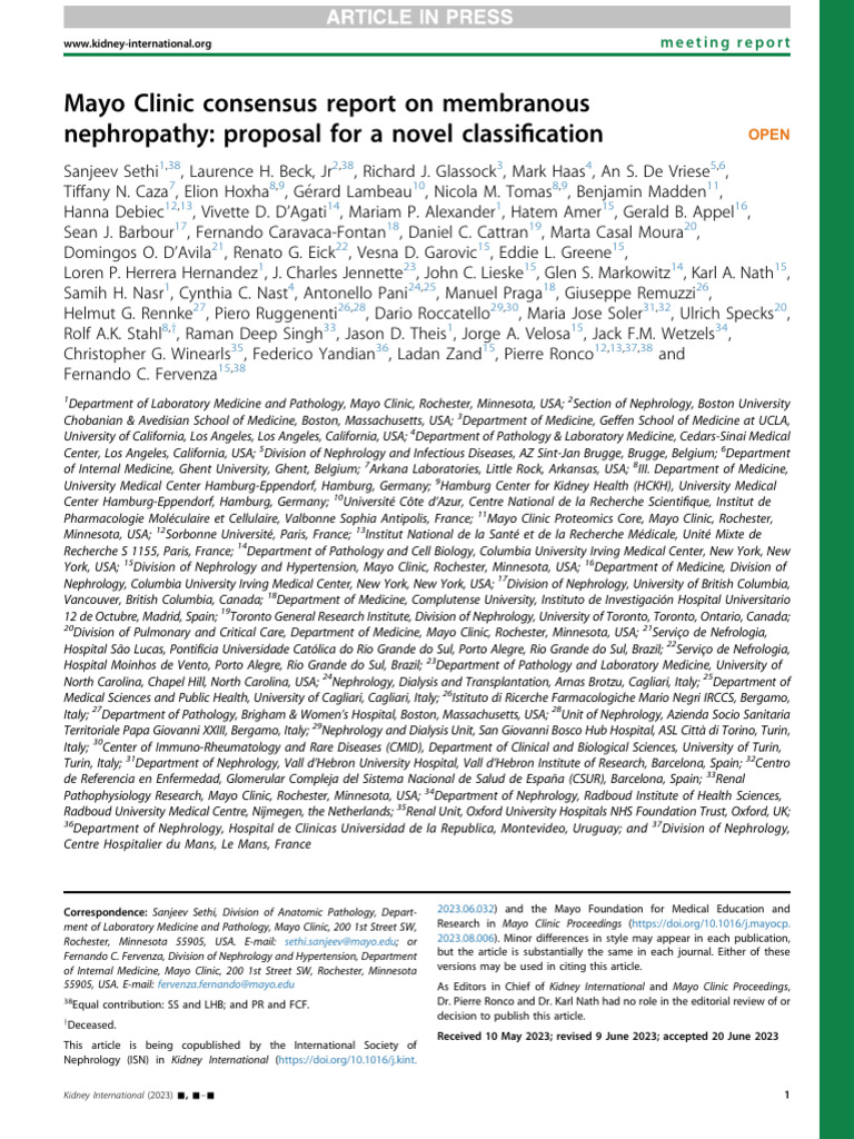 Mayo Clinic Consensus Report On Membranous - Nephropathy - Proposal For ...