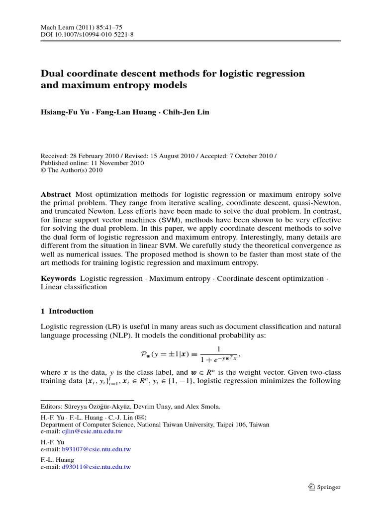Dual Coordinate Descent Methods For Logistic Regression | PDF | Support Vector Machine ...