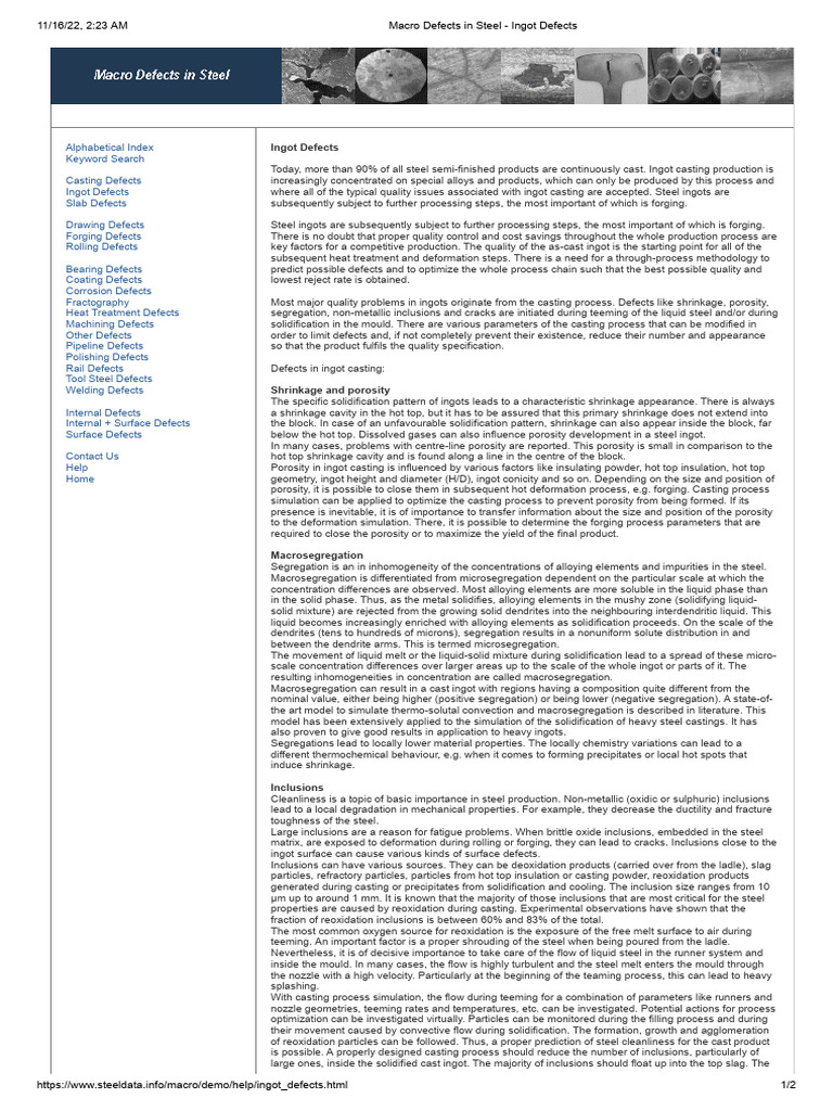 Macro Defects in Steel - Ingot Defects | PDF