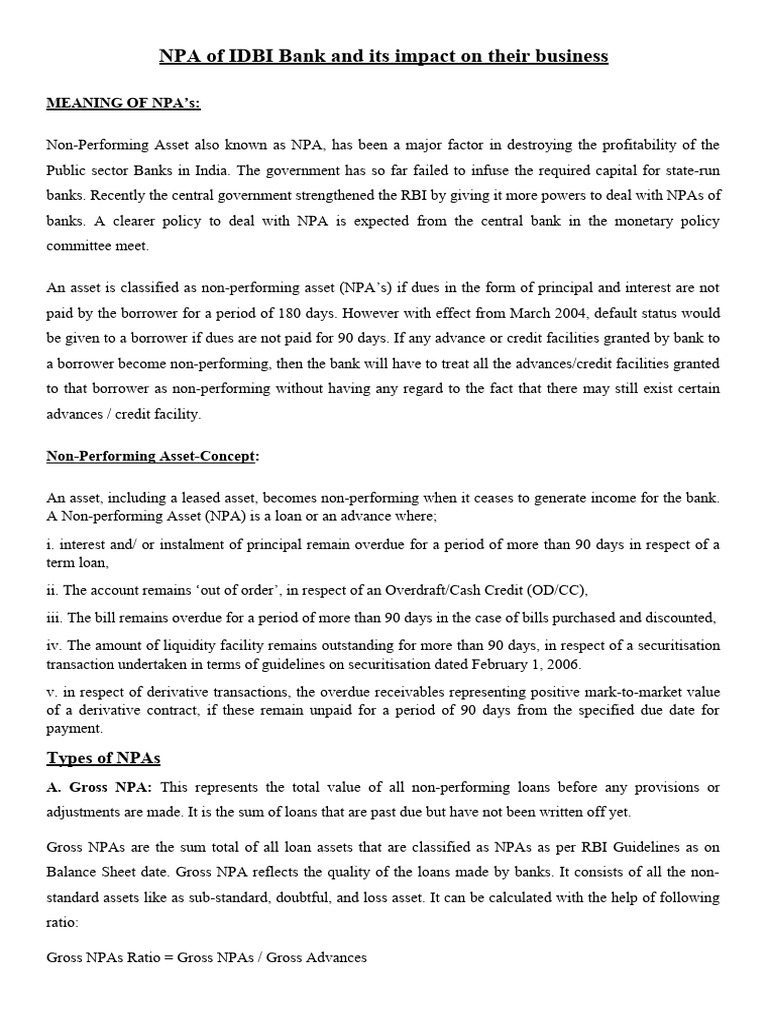 NPA of IDBI Bank and Its Impact On Their Business | PDF